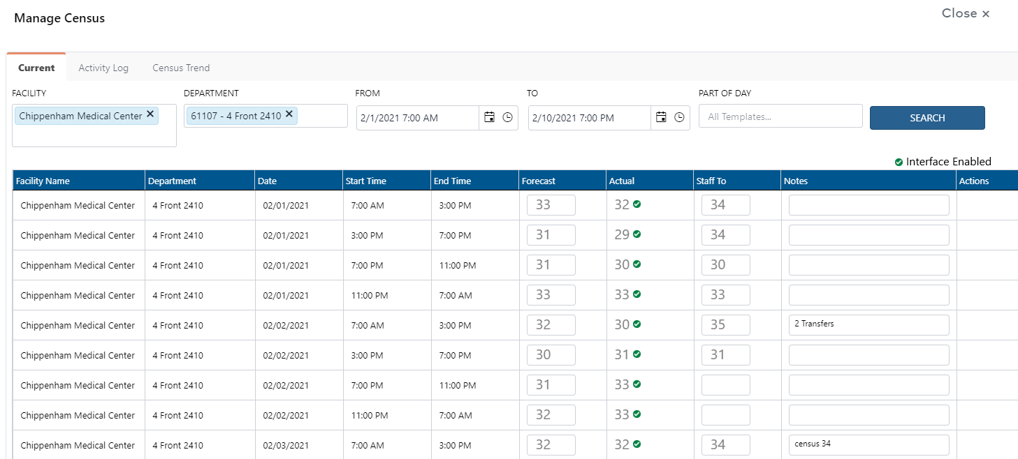 Staffing Dashboard - Manage Census