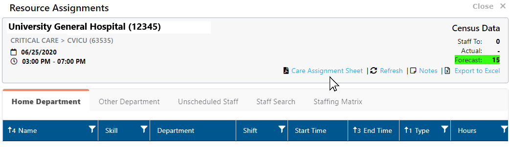 Dashboard - Care Assignment Sheet