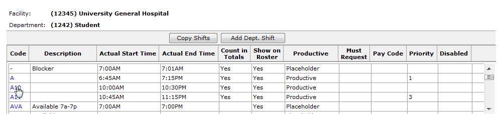 Departments: Pay Codes with Shift Codes