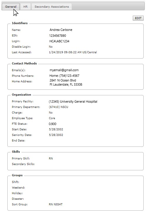 Viewing the Employee Page: General and HR Tab